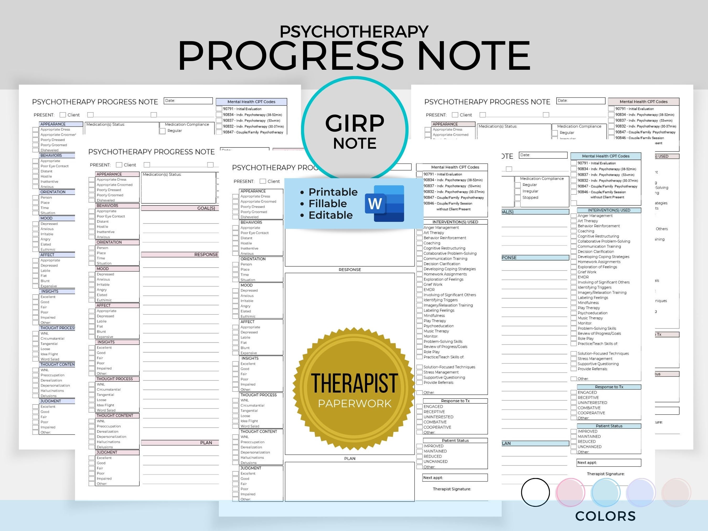 Psychotherapy Progress Note Template, GIRP Note, Therapy Practice ...
