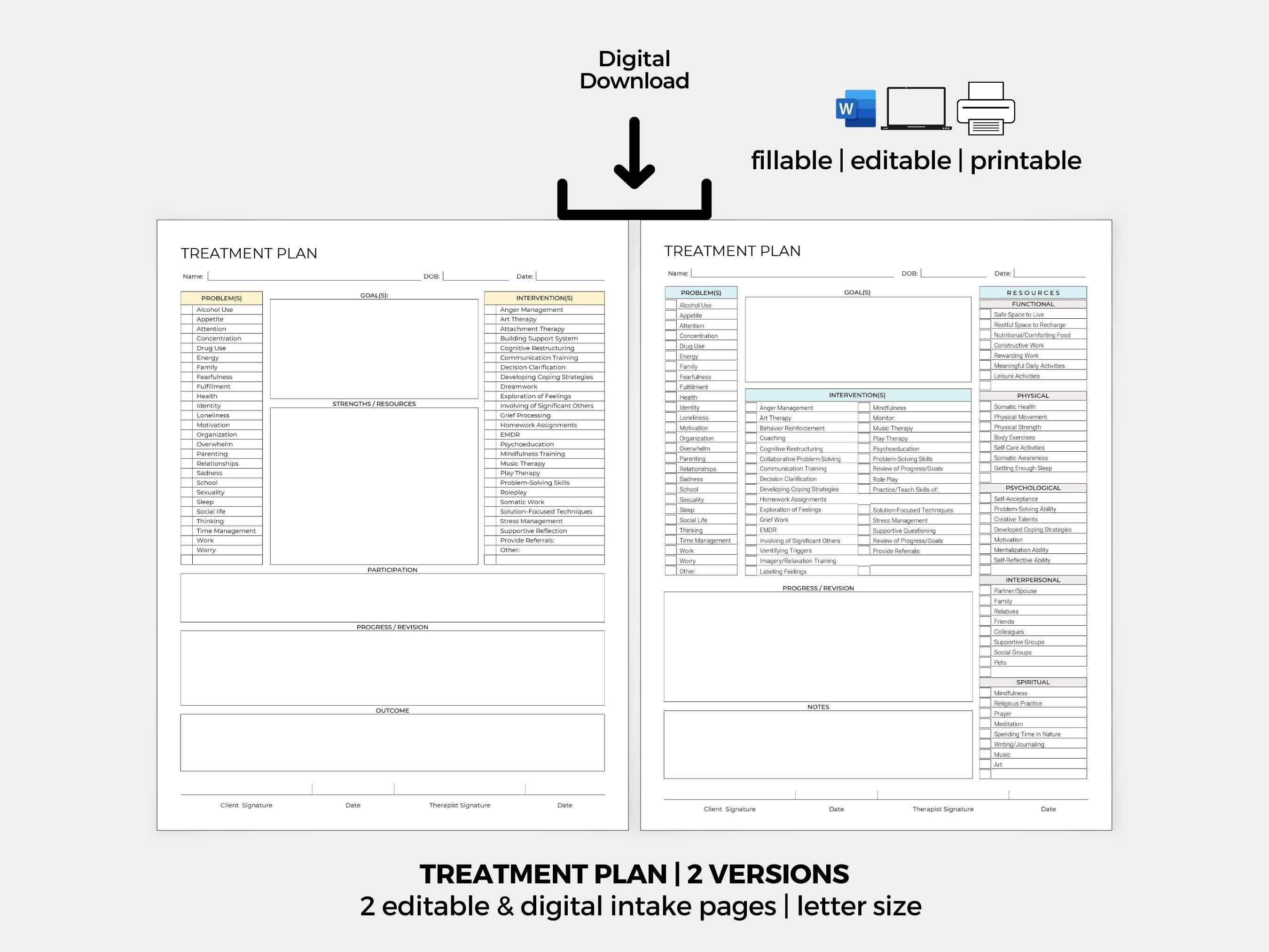 Psychotherapy Treatment Plan Editable Word Template, Counseling Plan ...