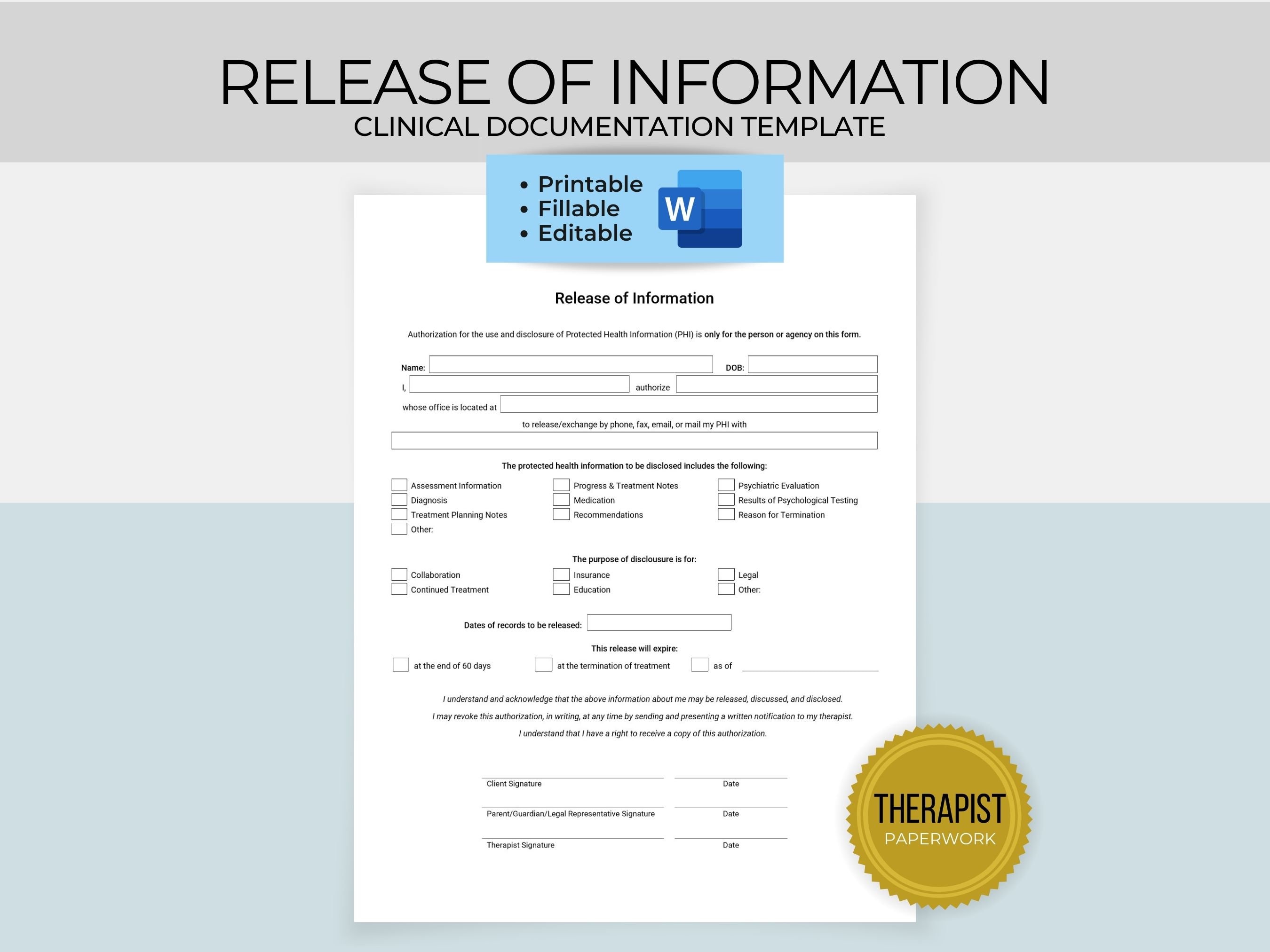 Release of Information, Private Practice Documentation Template, ROI ...