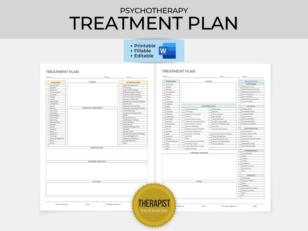 Psychotherapy Treatment Plan Editable Word Template, Counseling Plan ...