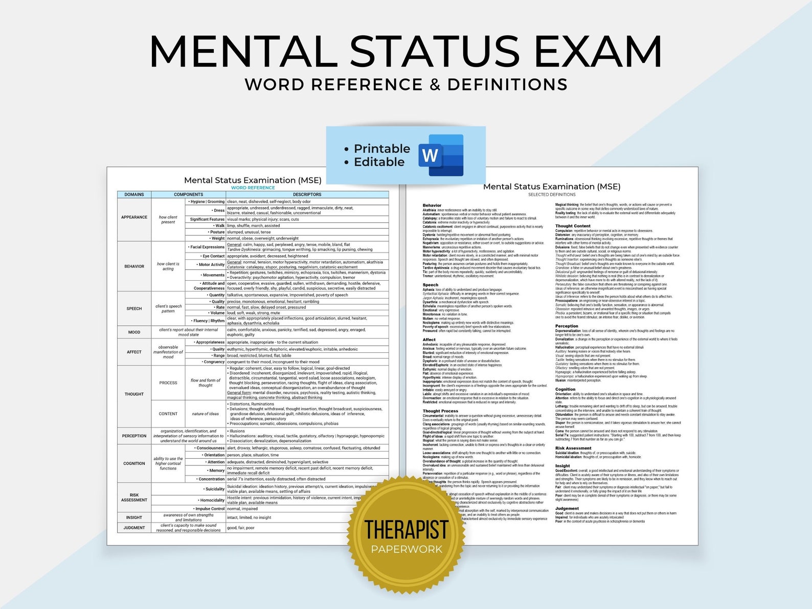 Mental Status Exam Word Reference, Mental Health Reference, MSE Cheat ...