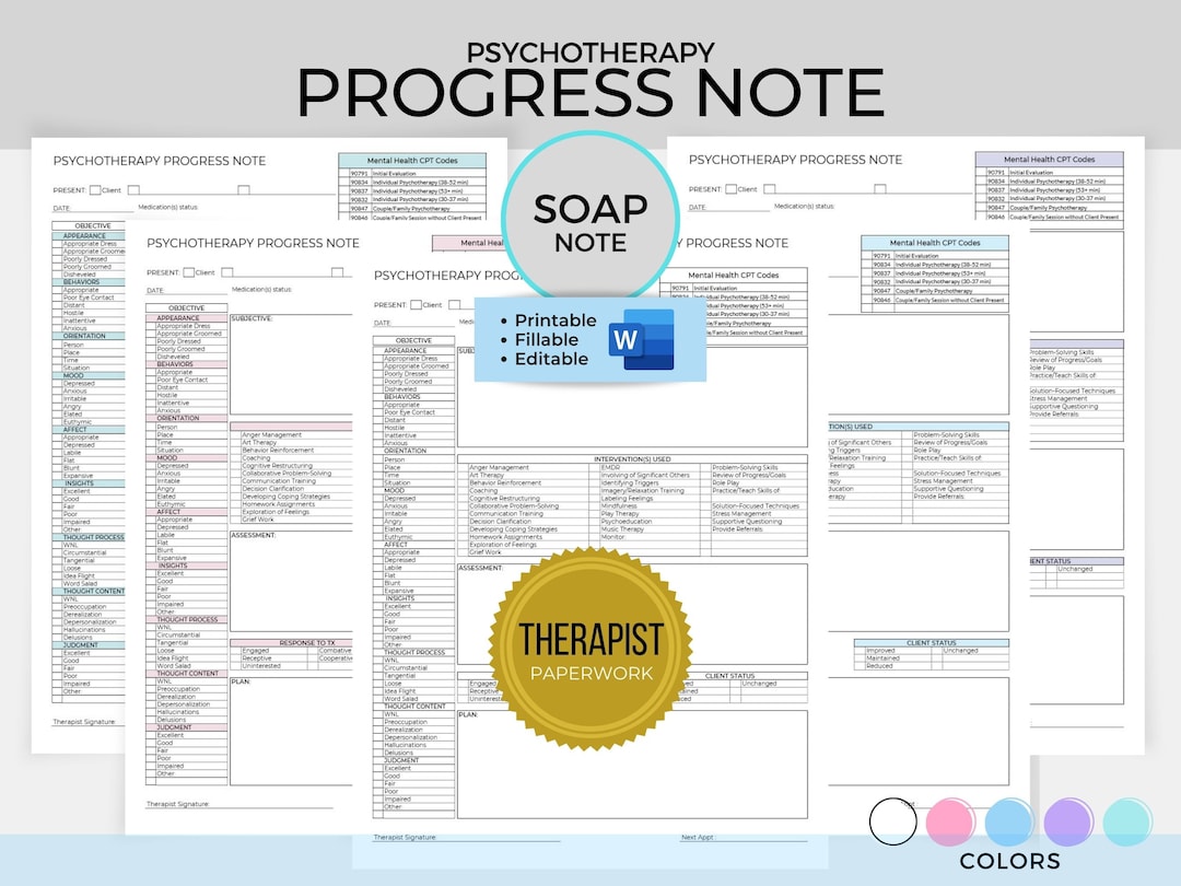 Psychotherapy Progress Note, SOAP Note Word Template, Private Practice ...