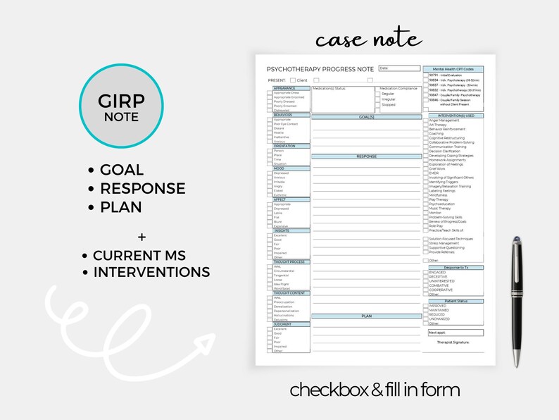 Psychotherapy Progress Note Template, GIRP Note, Therapy Practice ...