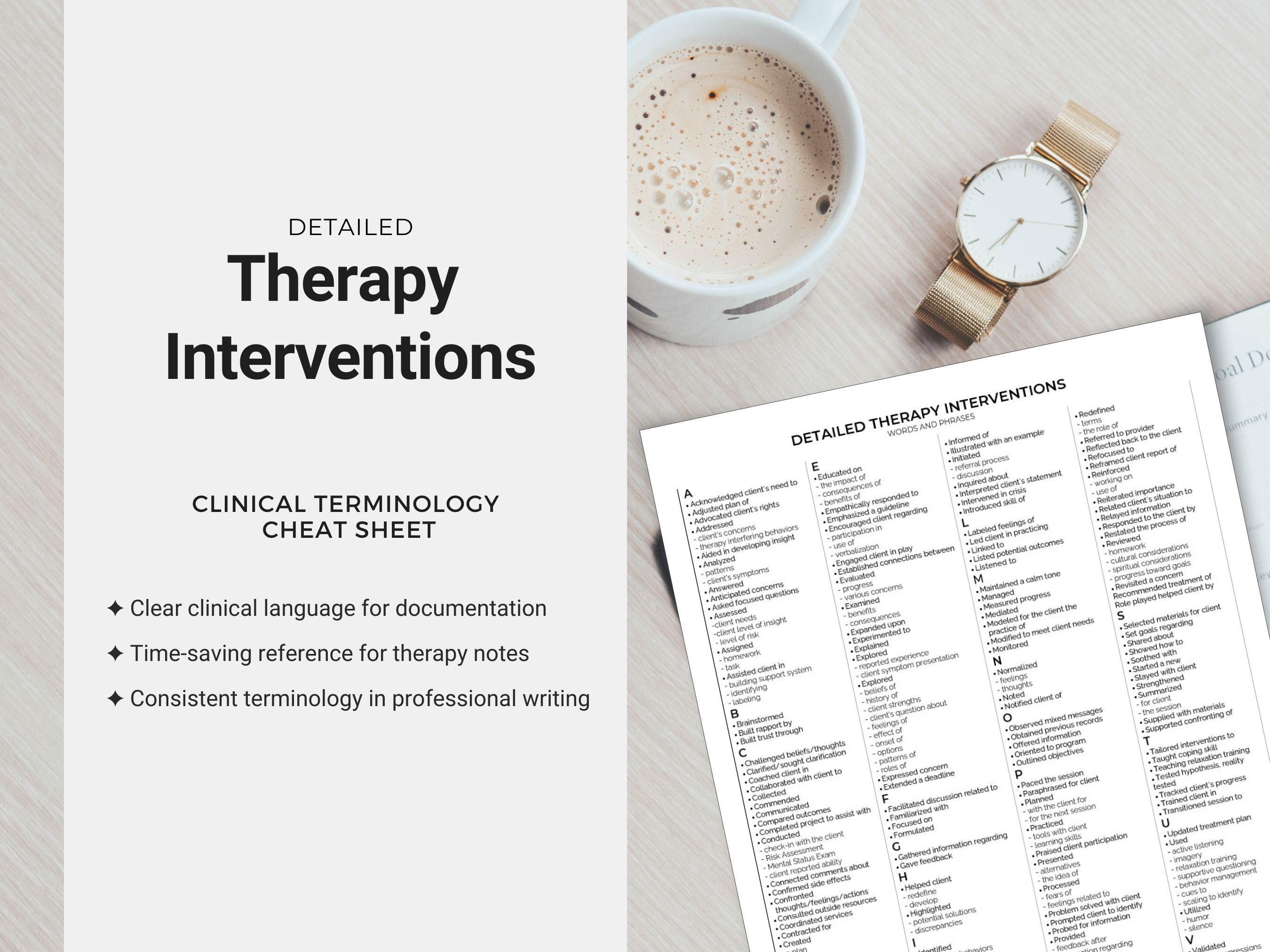 Therapy Interventions List, Clinical Terms Cheat Sheet, Progress Note ...