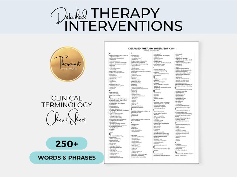 Therapy Interventions List, Clinical Terms Cheat Sheet, Reference for ...