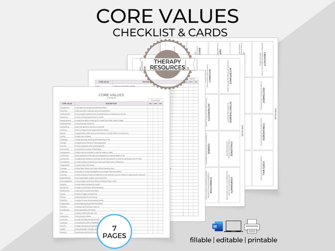 Identifying Core Values Worksheets, Clarification Core Values, CBT ...