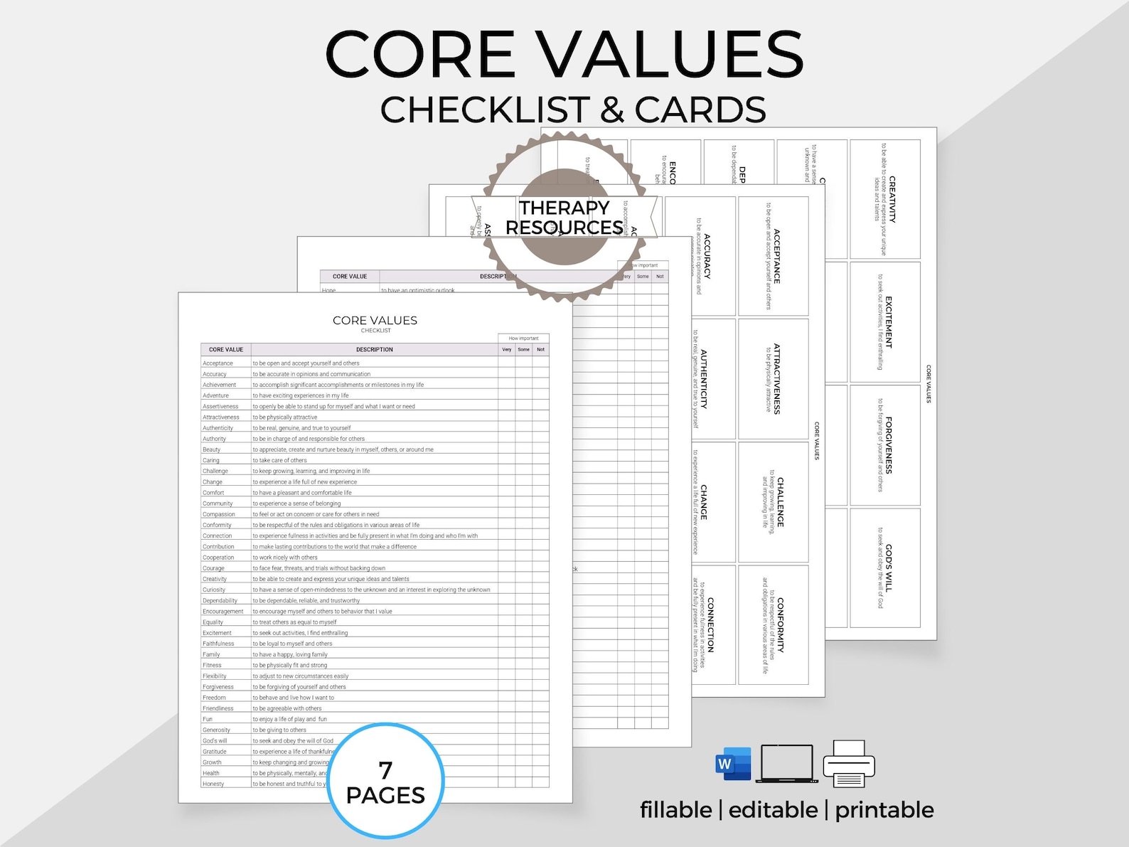 Identifying Core Values Worksheets, Clarification Core Values, CBT ...