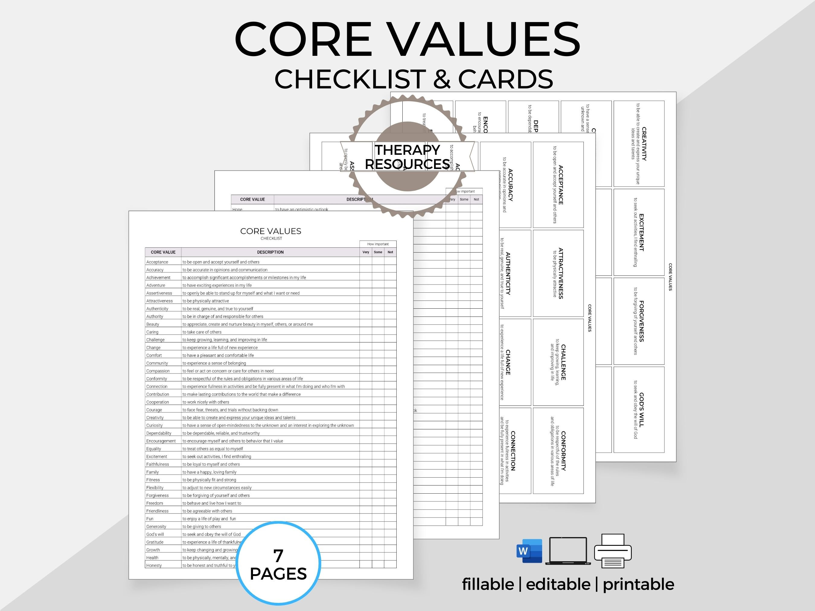 Identifying Core Values Worksheets, Clarification Core Values, CBT Worksheet - Etsy