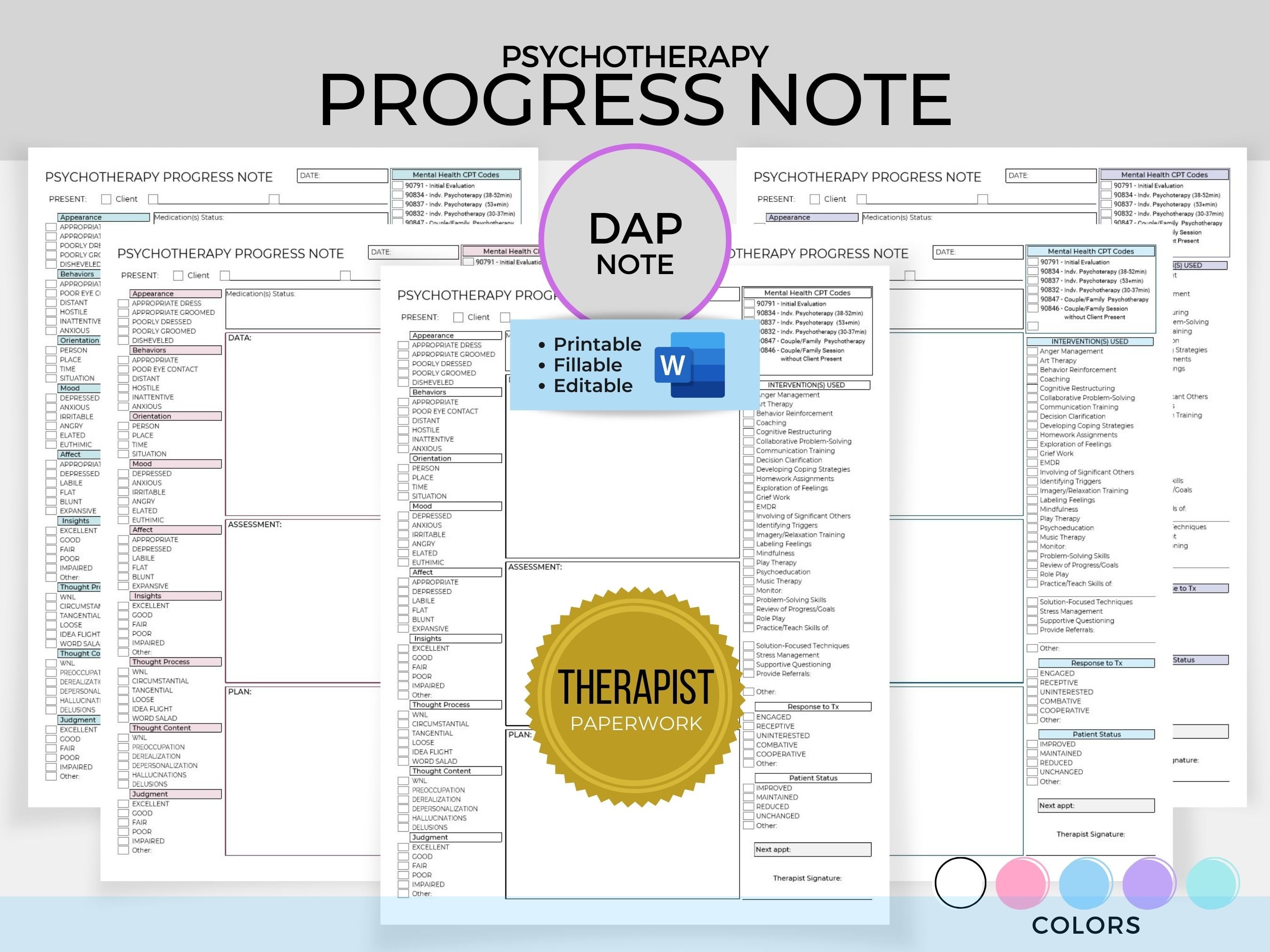 Psychotherapy Progress Note, Word Template, DAP Note, Private Practice ...