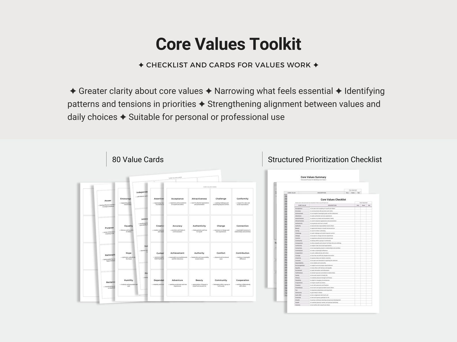Core Values Worksheets, Values Clarification Checklist & Cards - Etsy