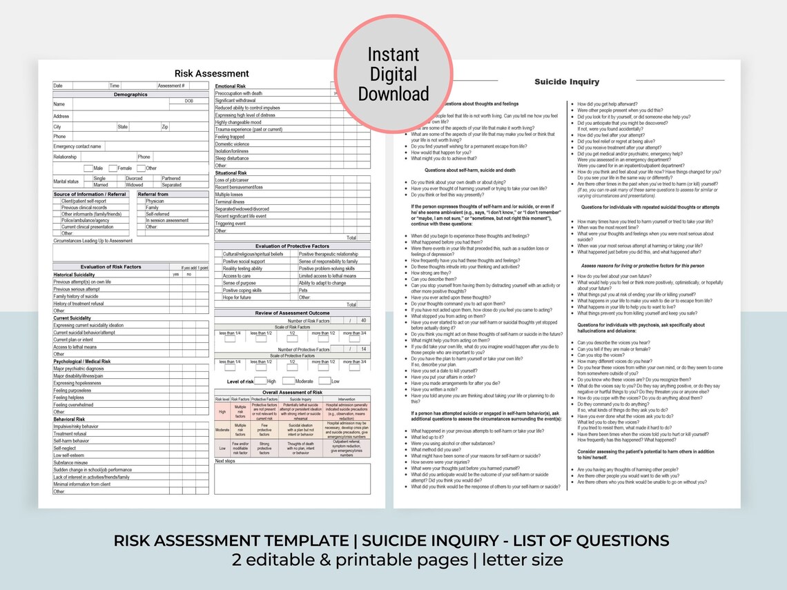 Risk Assessment Template Fillable, Suicide Assessment Form, Suicide ...