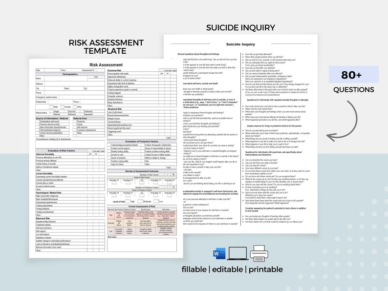 Risk Assessment Template Fillable, Suicide Assessment Form, Suicide ...