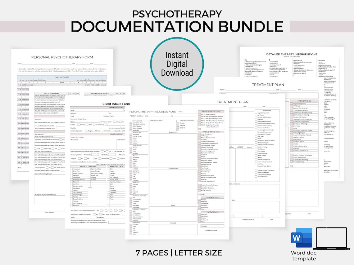 Psychotherapy Documentation Bundle, Client Intake Form, Interventions ...
