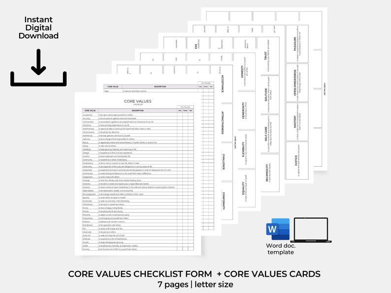 Identifying Core Values Worksheets Clarification Core Values Etsy