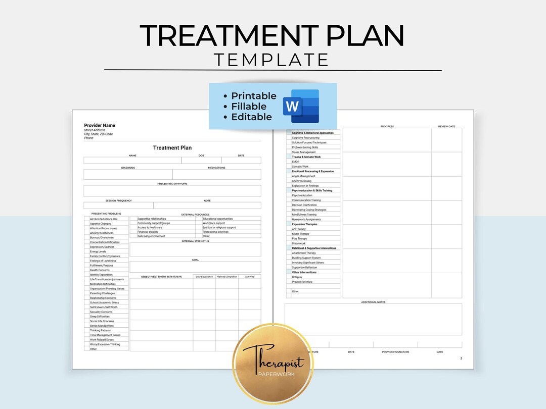 Therapy Treatment Plan Editable Word Template, Counseling Plan, Therapy ...