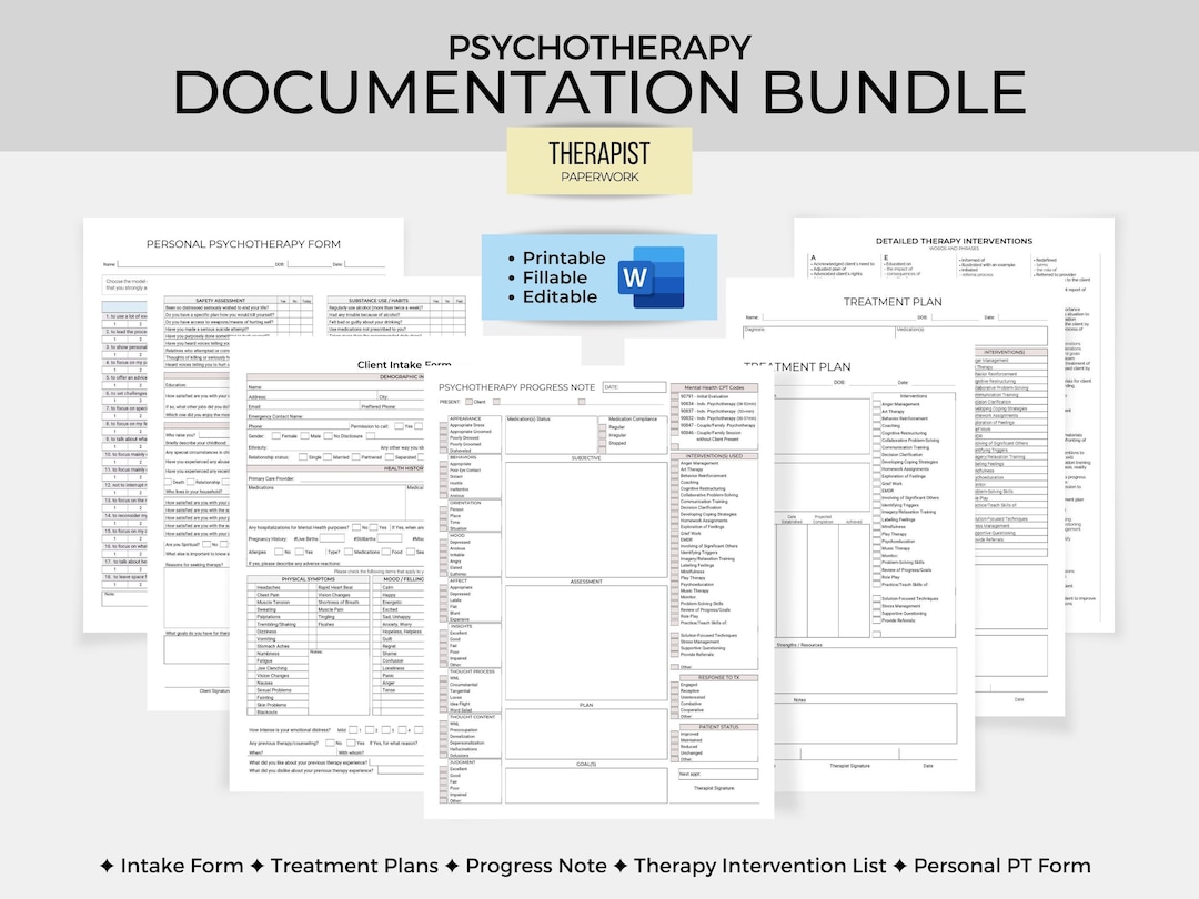 Psychotherapy Documentation Bundle, Client Intake Form, Interventions ...