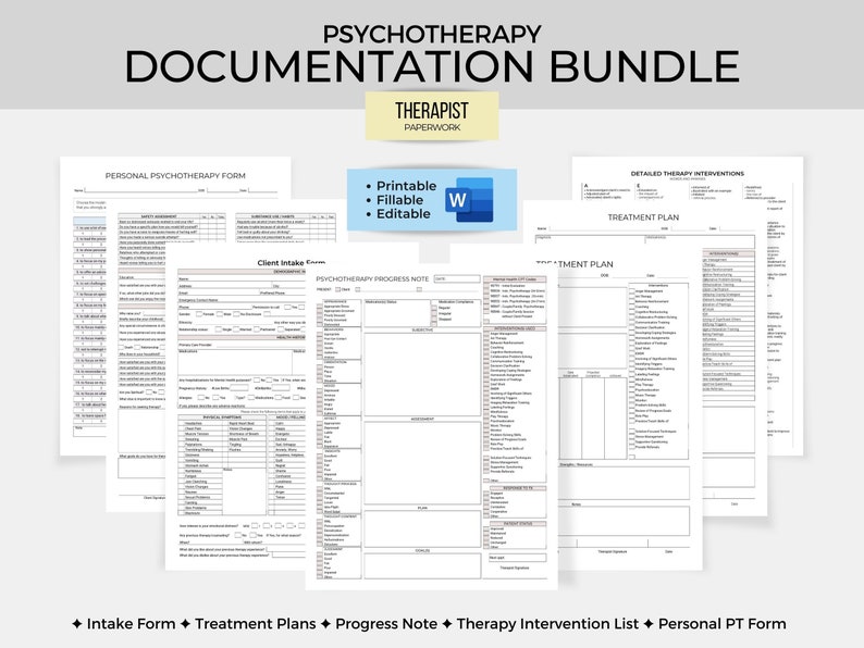 Psychotherapy Documentation Bundle, Client Intake Form, Interventions ...