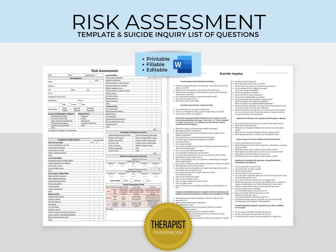 Risk Assessment Template Fillable, Suicide Assessment Form, Suicide ...