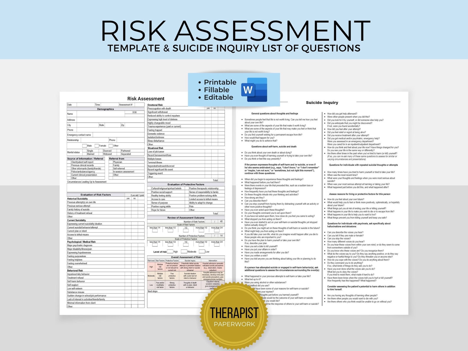 Risk Assessment Template Fillable, Suicide Assessment Form, Suicide ...