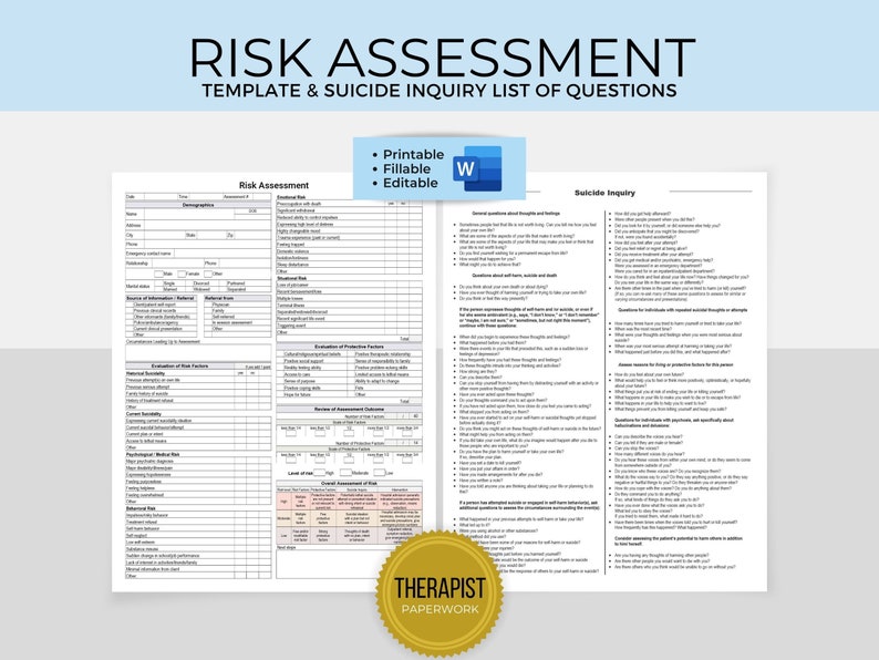 Risk Assessment Template Fillable Suicide Assessment Form - Etsy Canada