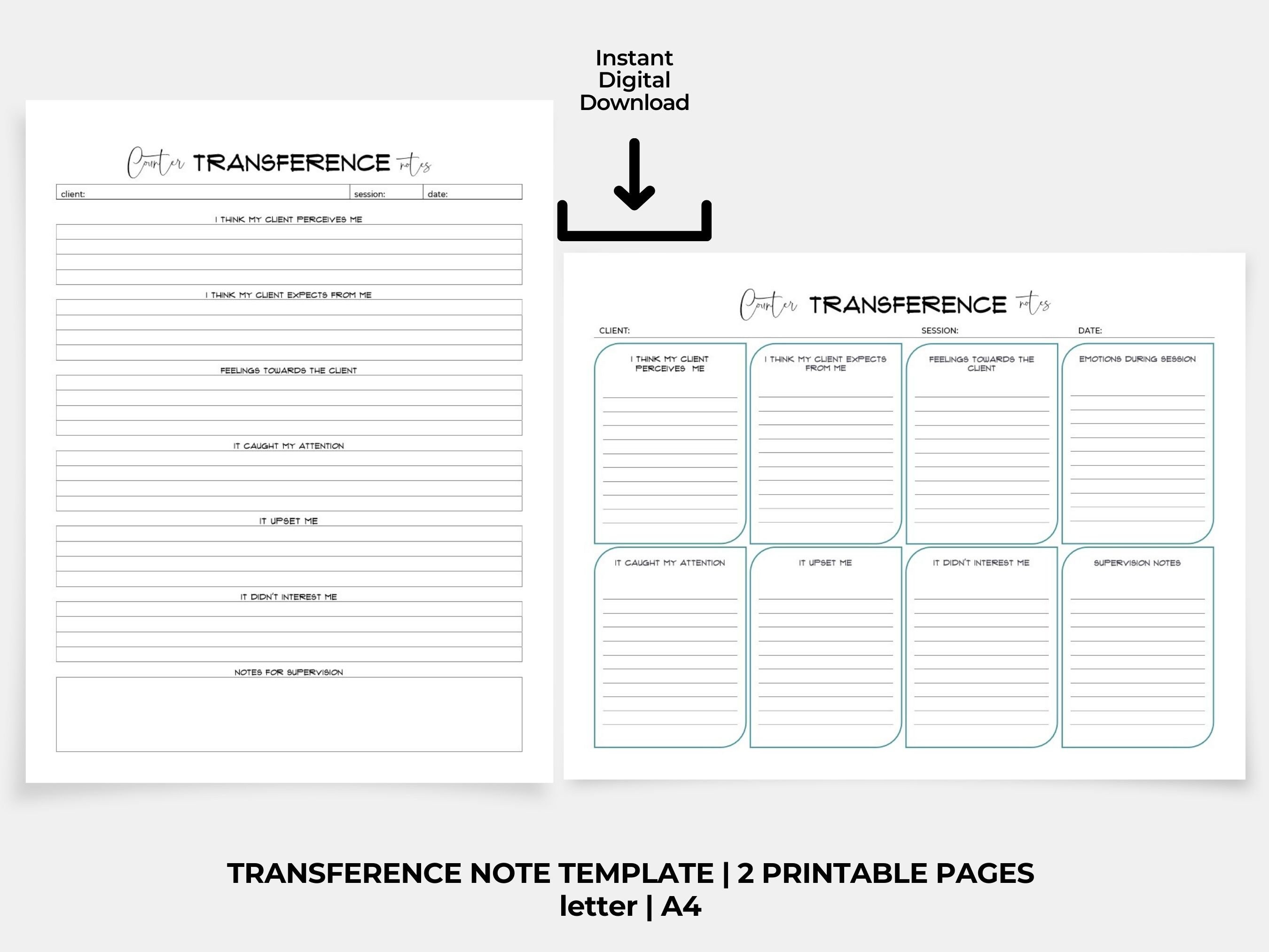 Transference Note Printable, Therapist Process Note, Session Notes ...