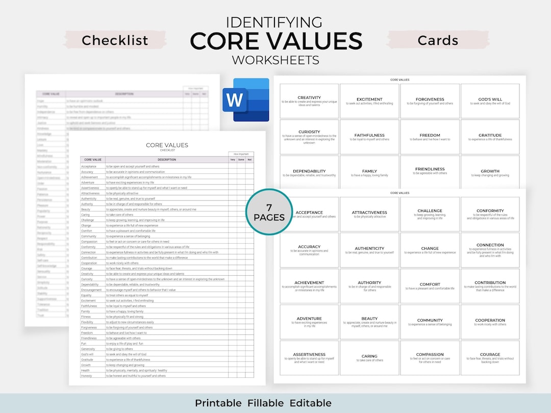 Identifying Core Values Worksheets Clarification Core Values - Etsy