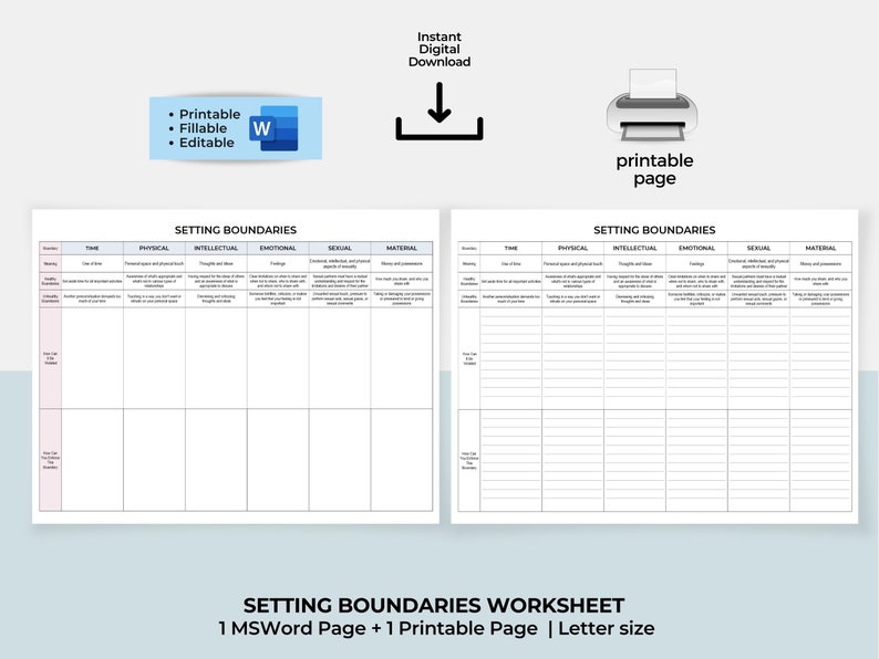 Setting Boundaries Template Fillable, Editable, Printable | Six Types of Boundaries Worksheet ...
