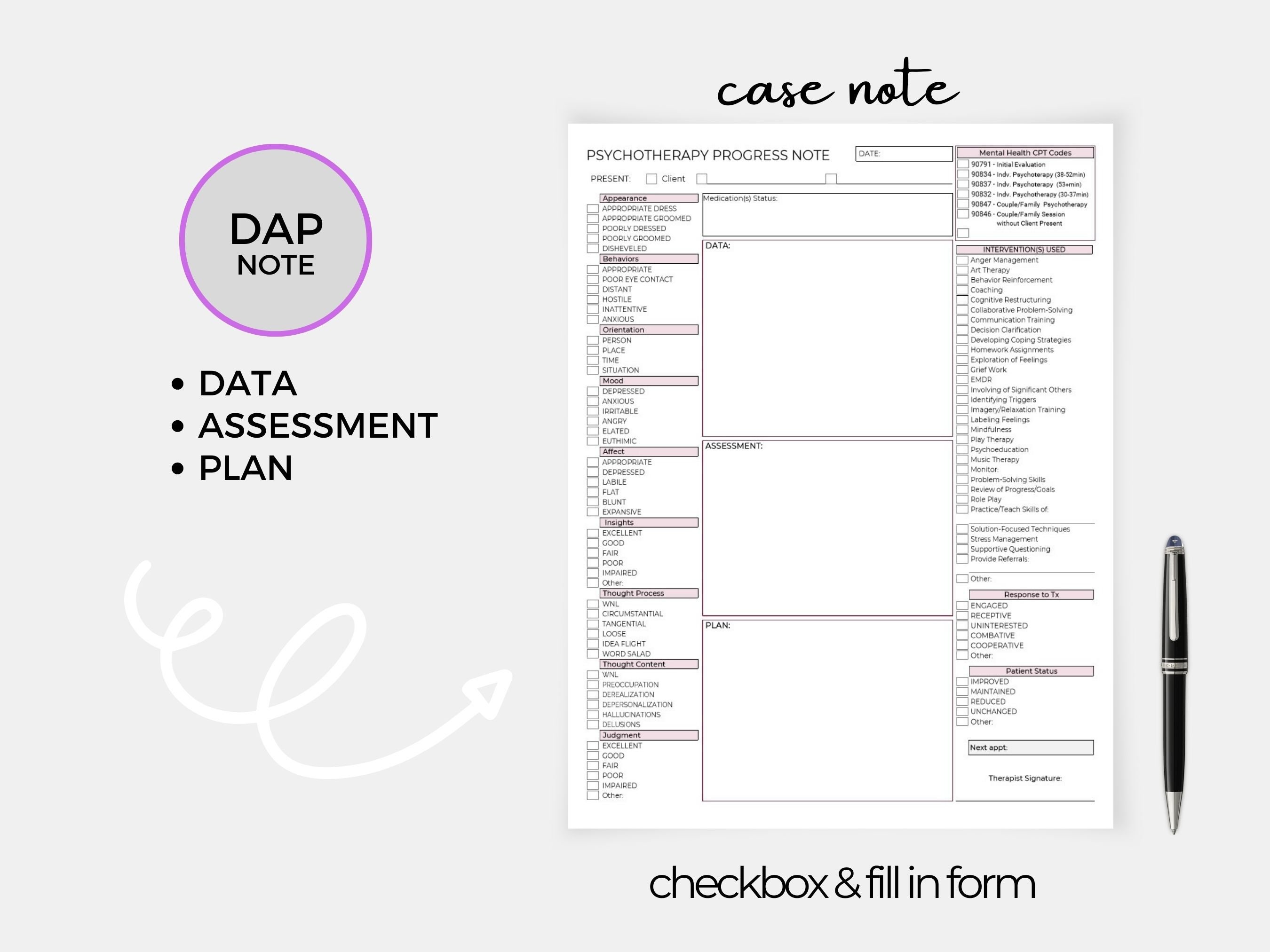 Psychotherapy Progress Note, Word Template, DAP Note, Private Practice ...