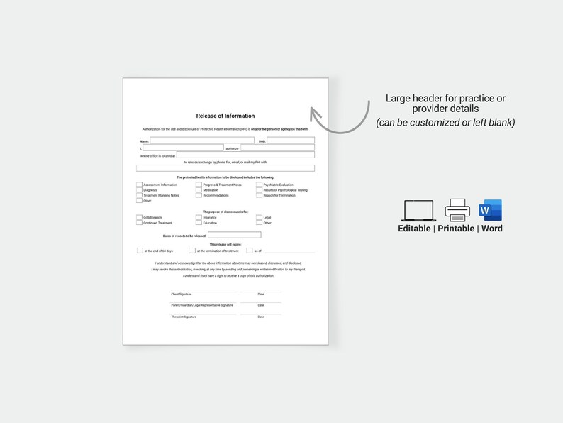 Release of Information, Therapy Practice Authorization Form (word Form ...