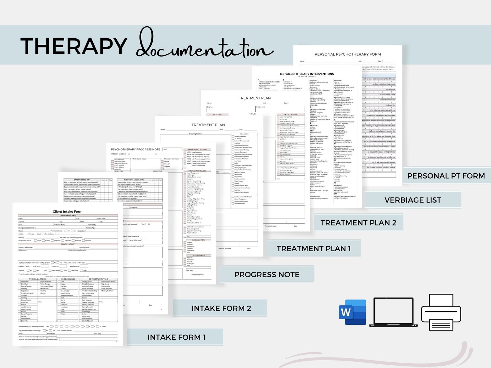 Psychotherapy Documentation Bundle, Client Intake Form, Interventions ...