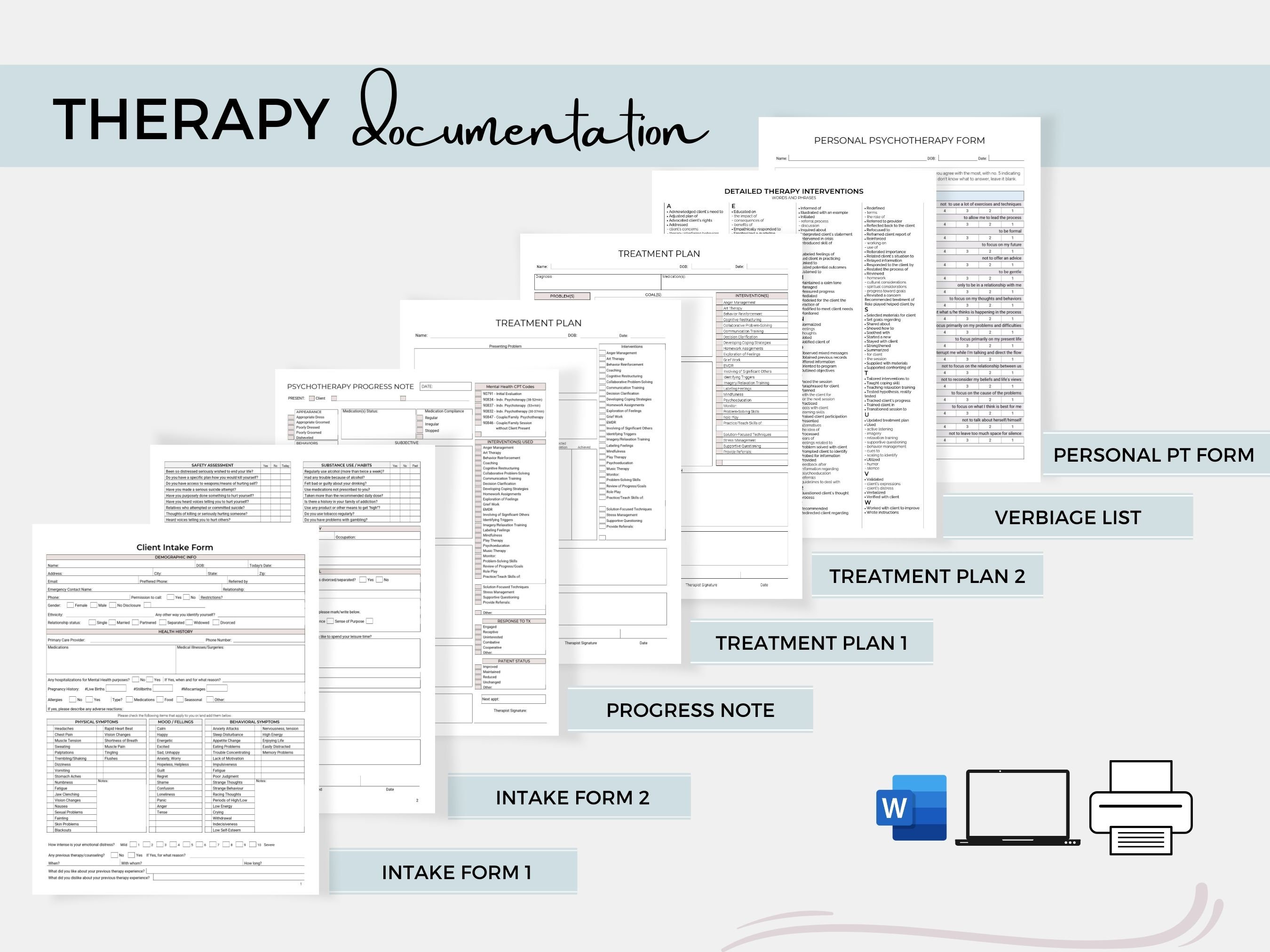 Psychotherapy Documentation Bundle, Client Intake Form, Interventions ...