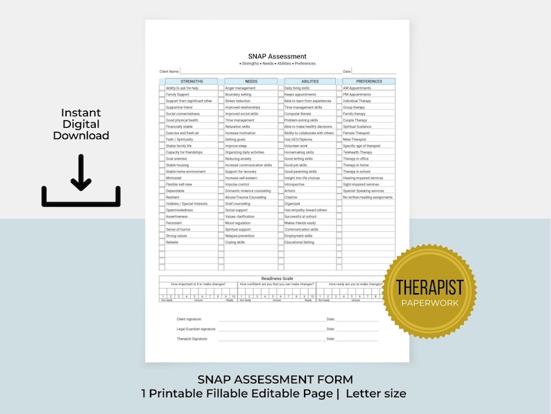 Strengths, Needs, Abilities, Preferences Assessment Template Fillable ...