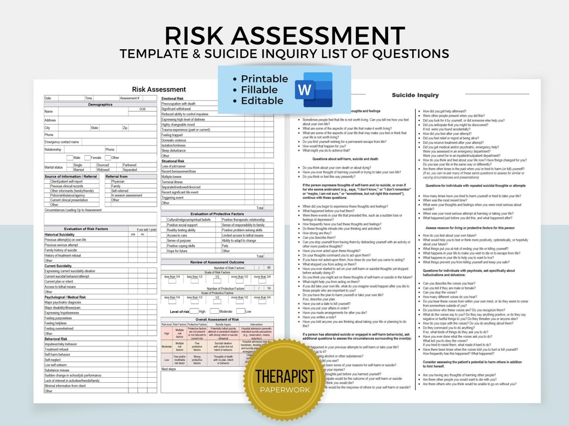 Risk Assessment Template Fillable Suicide Assessment Form - Etsy