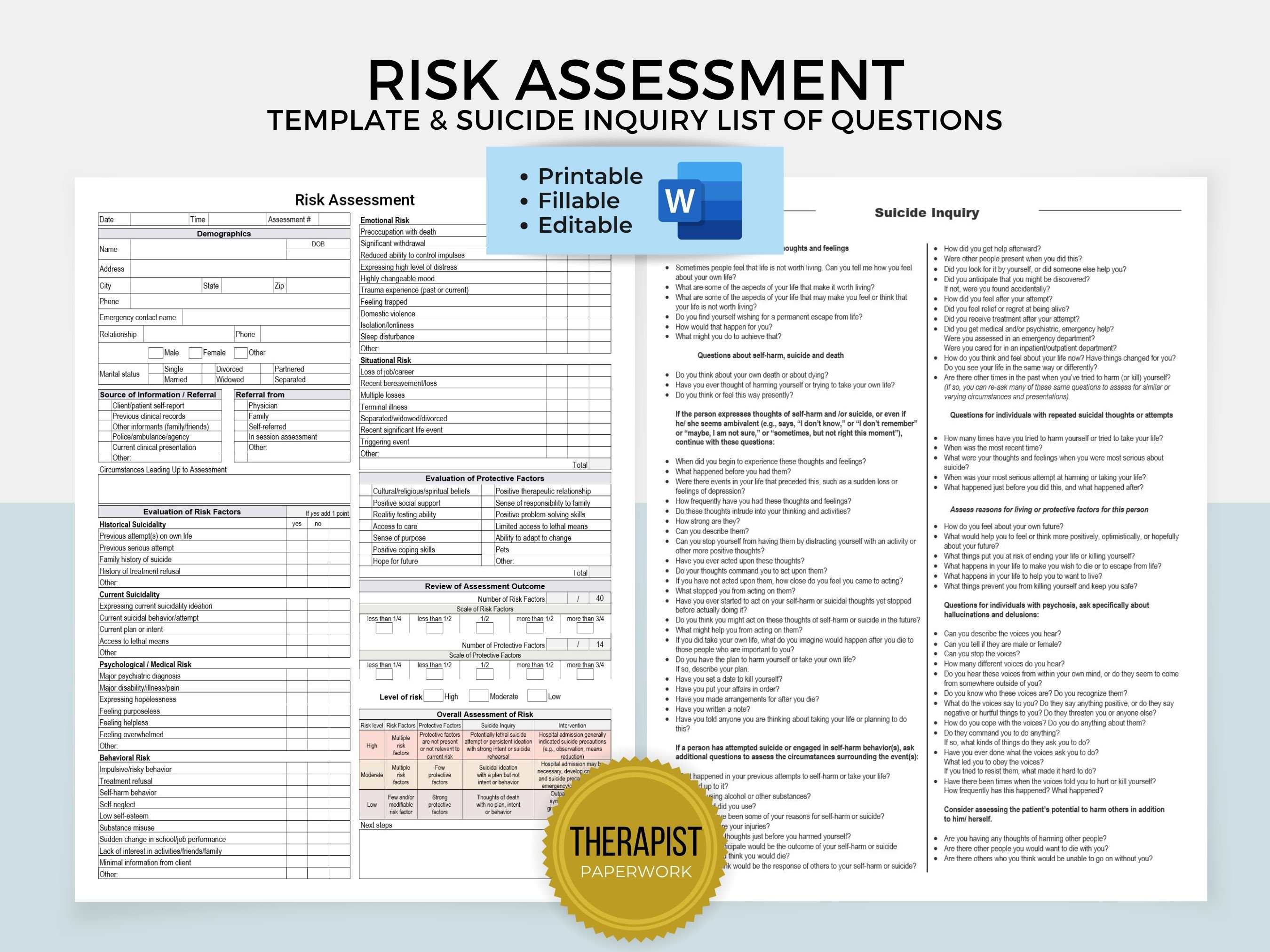 Risk Assessment Template Fillable Suicide Assessment Form - Etsy Singapore
