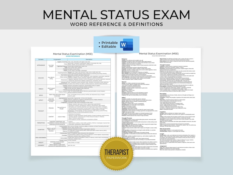 Mental Status Exam Word Reference, Mental Health Reference, MSE Cheat ...