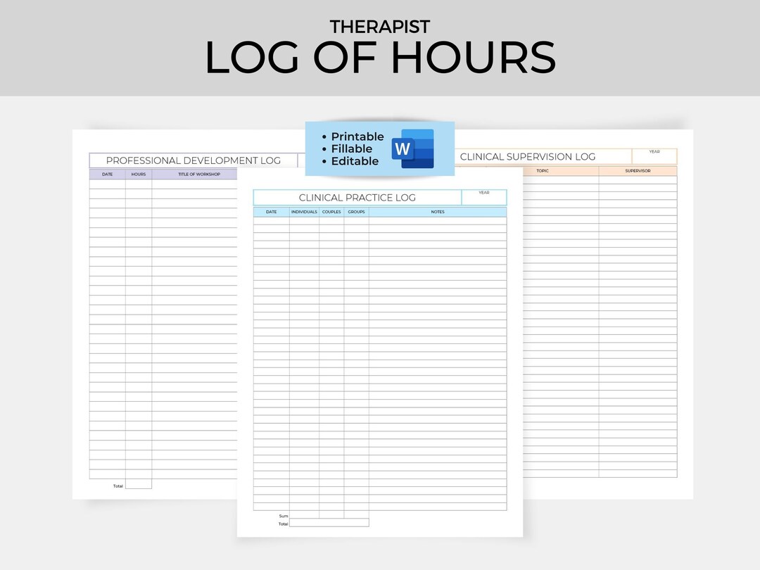 Therapist Log of Hours, Psychotherapist Log, Counselor Log, Therapist ...
