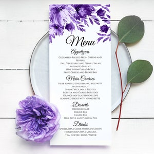 Purple Wedding Menu Template, Wedding Printable Template, lavish Blooms ...