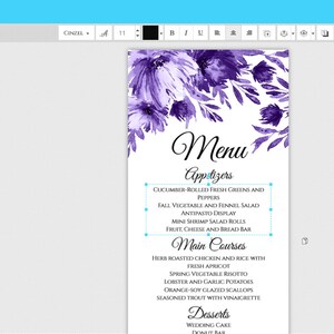 Purple Wedding Menu Template, Wedding Printable Template, lavish Blooms ...