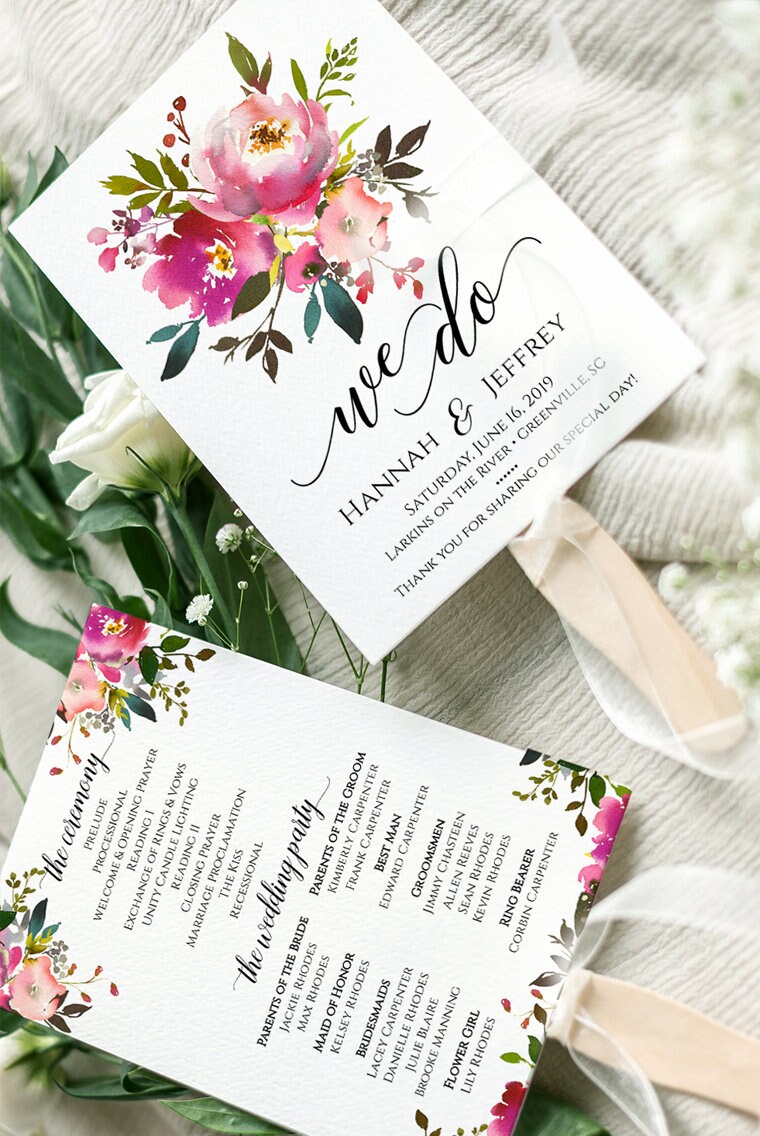 Floral Wedding Program Template, Wedding Program Fan, Diy Printable ...