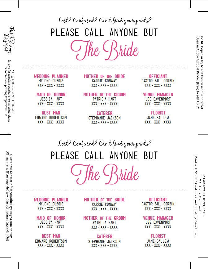 Please Call Anyone but the Bride Wedding Insert Information - Etsy