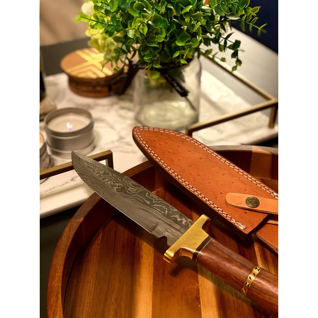 Hand Forged Damascus Steel Bowie Knife With Leather Sheath - Etsy