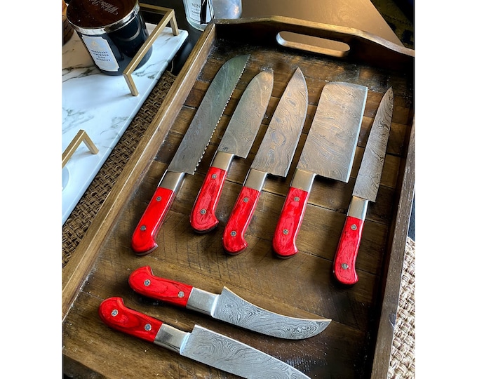 Hand Forged Damascus Steel Chef Set of Kitchen Knives 7 Pieces of ...