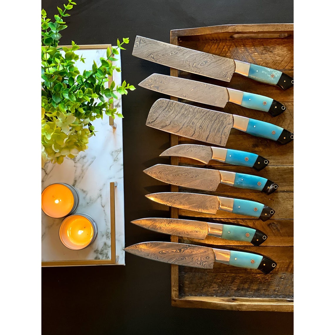 Hand forged Damascus steel chef set 8 pieces kitchen knives | Etsy