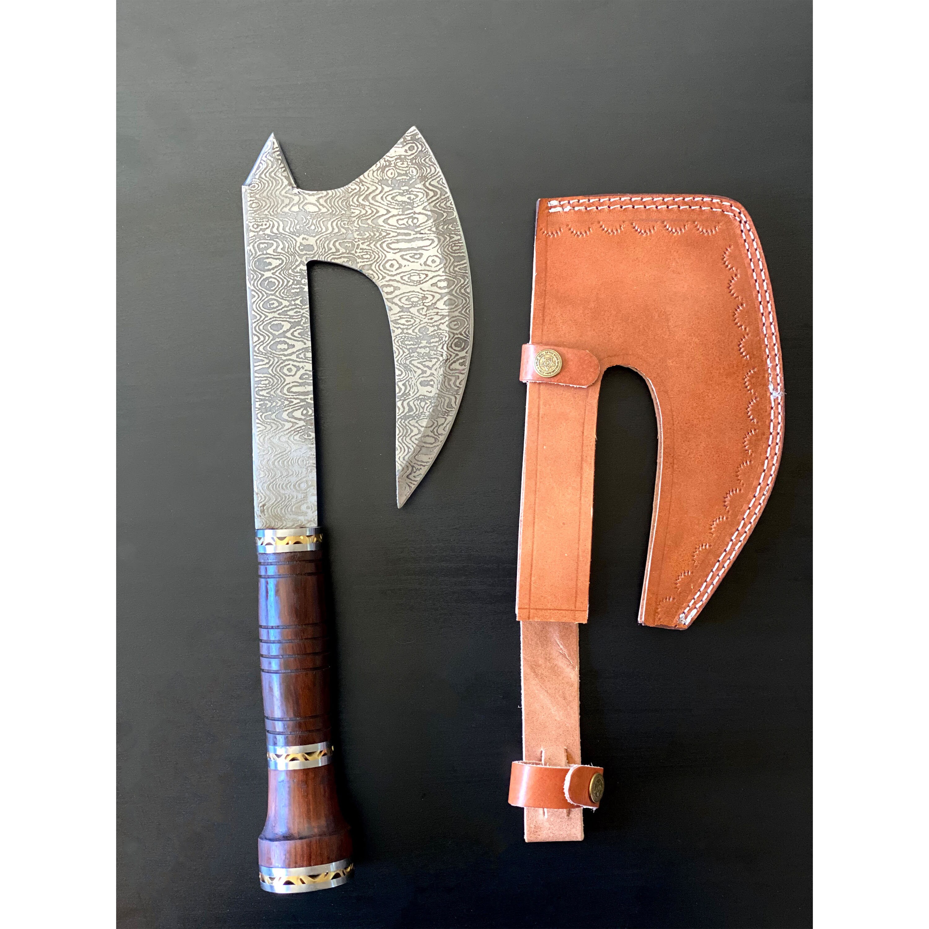 Hand Forged Damascus Steel Axe With Handmade Sheath, Fixed Blade Knife ...