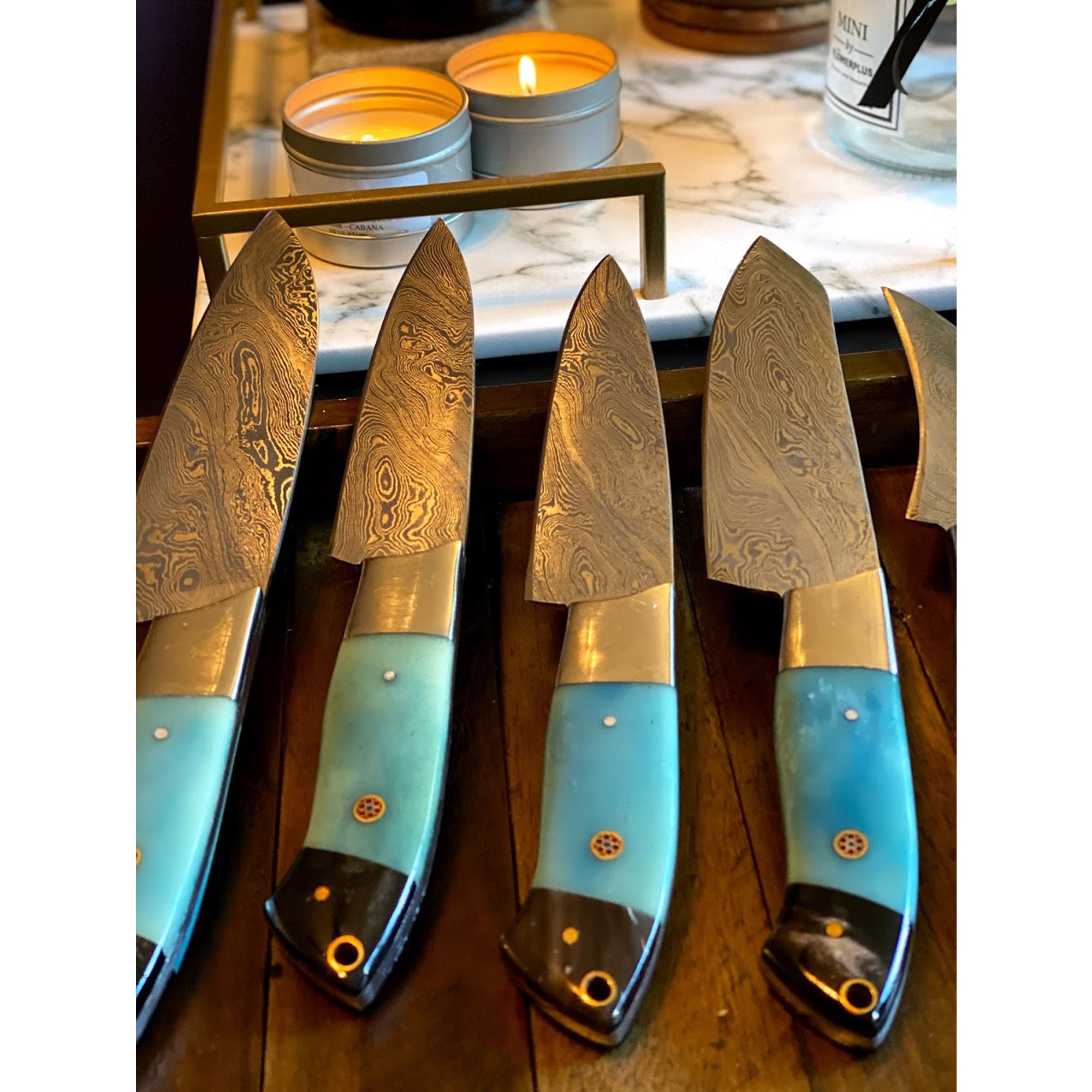 Hand Forged Damascus Steel Chef Set, 8 Pieces Kitchen Knives, Bull Horn ...