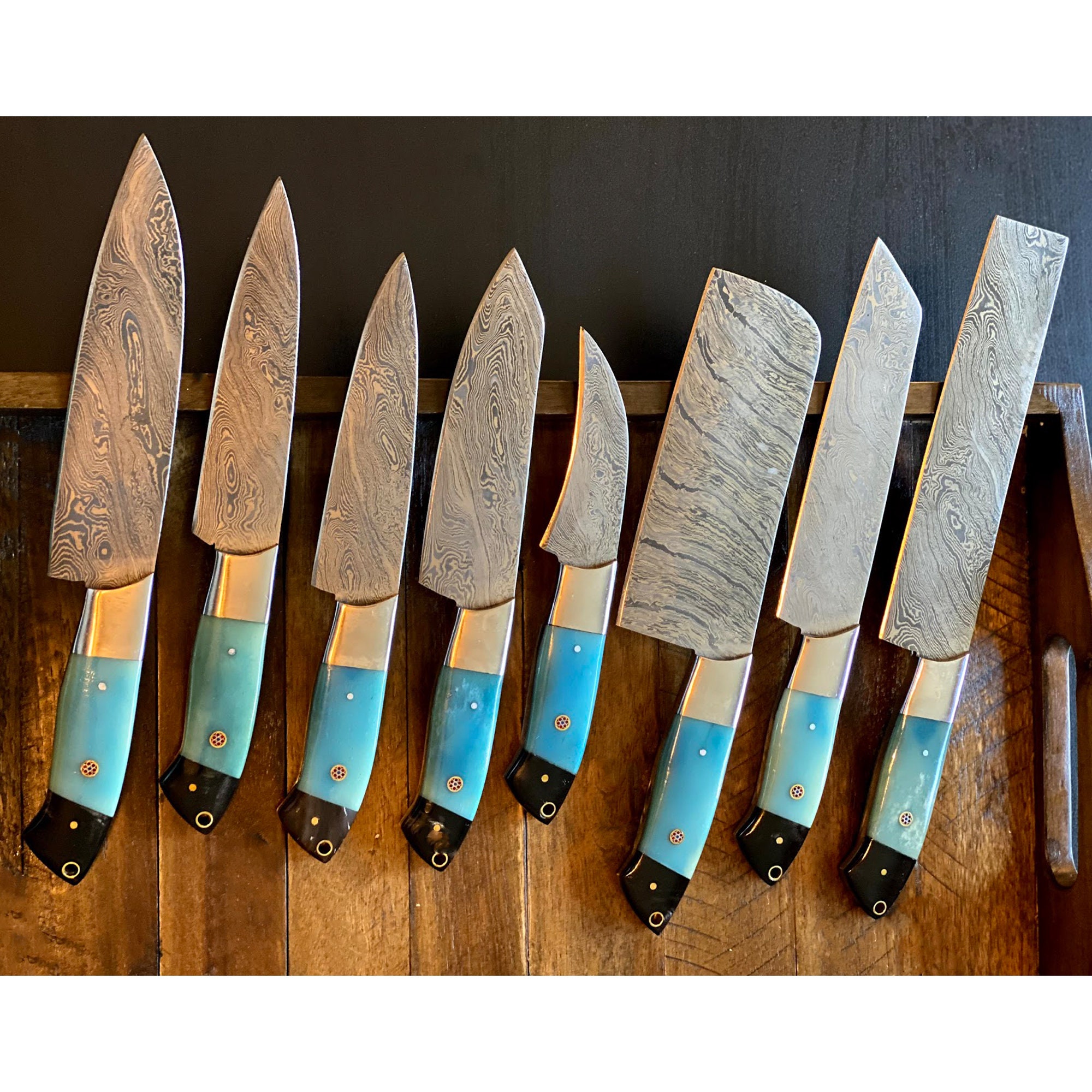 Hand Forged Damascus Steel Chef Set, 8 Pieces Kitchen Knives, Bull Horn ...