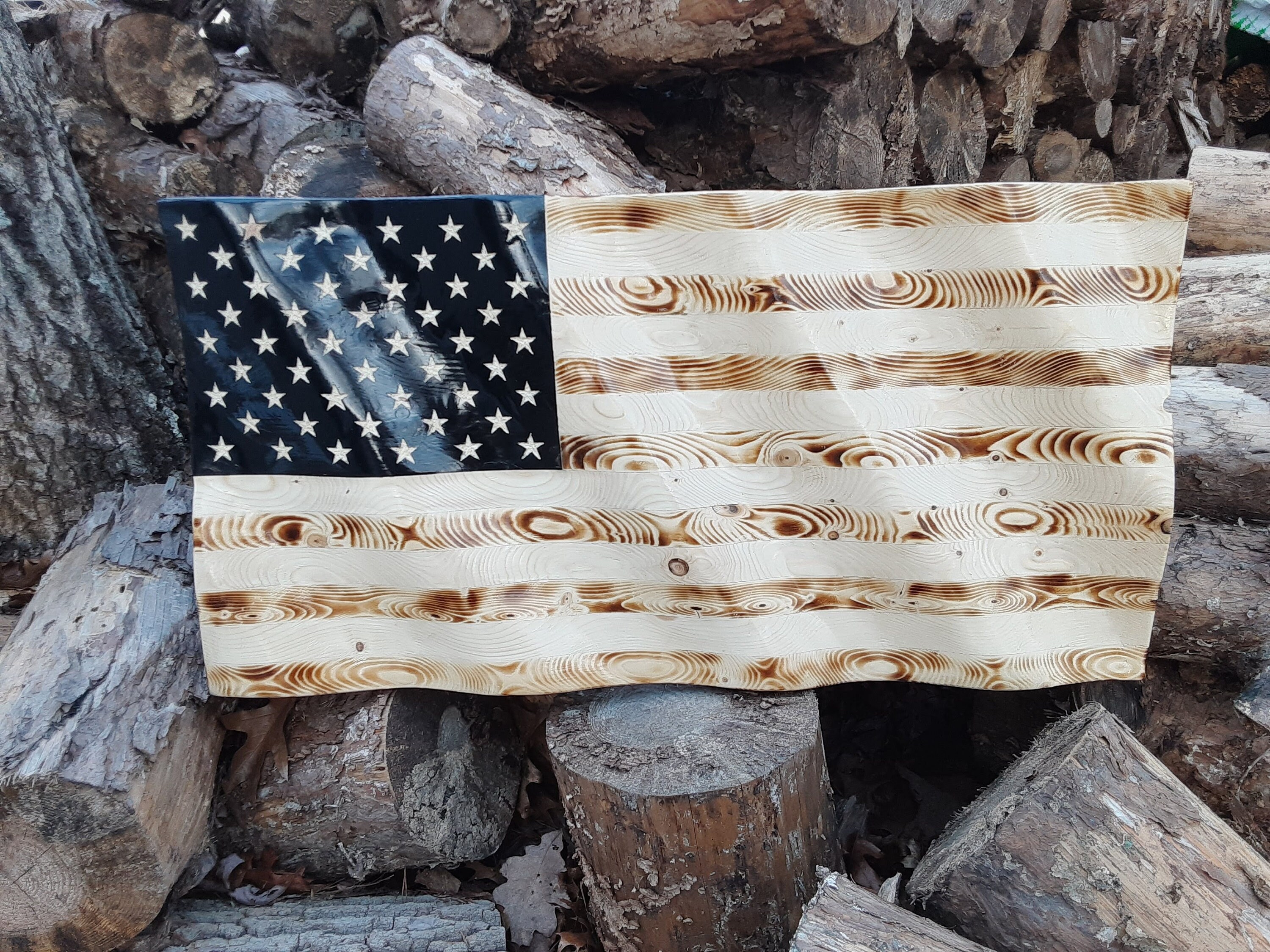 HANDMADE Wood US Flag Hand Carved Stars, 3D Rustic Wavy Wooden American ...