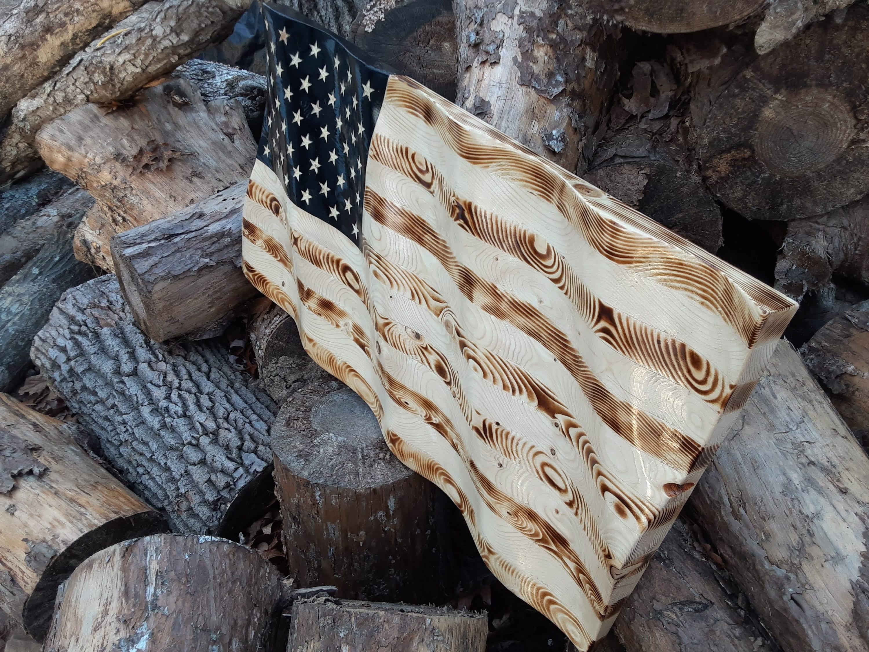 HANDMADE Wood US Flag Hand Carved Stars, 3D Rustic Wavy Wooden American ...