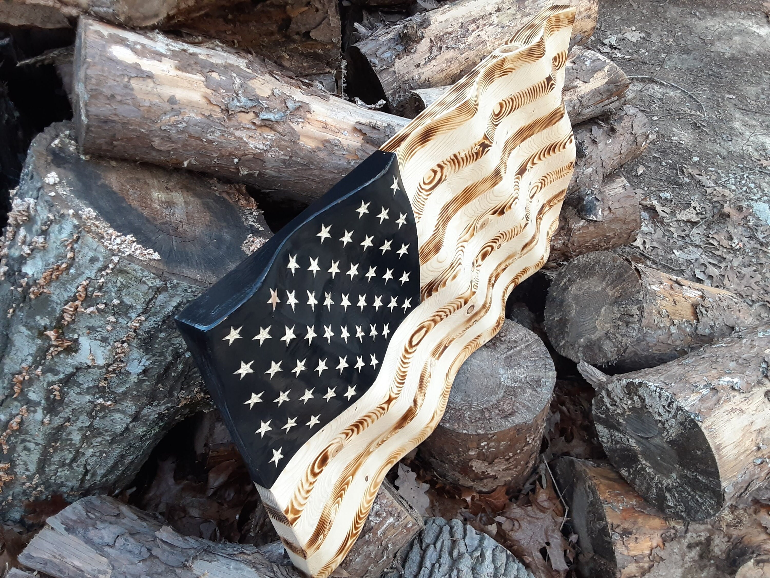 HANDMADE Wood US Flag Hand Carved Stars, 3D Rustic Wavy Wooden American ...