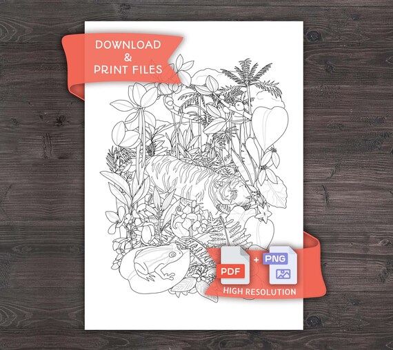 TIGER Adult Coloring Page Printable PDF PNG Animals in - Etsy